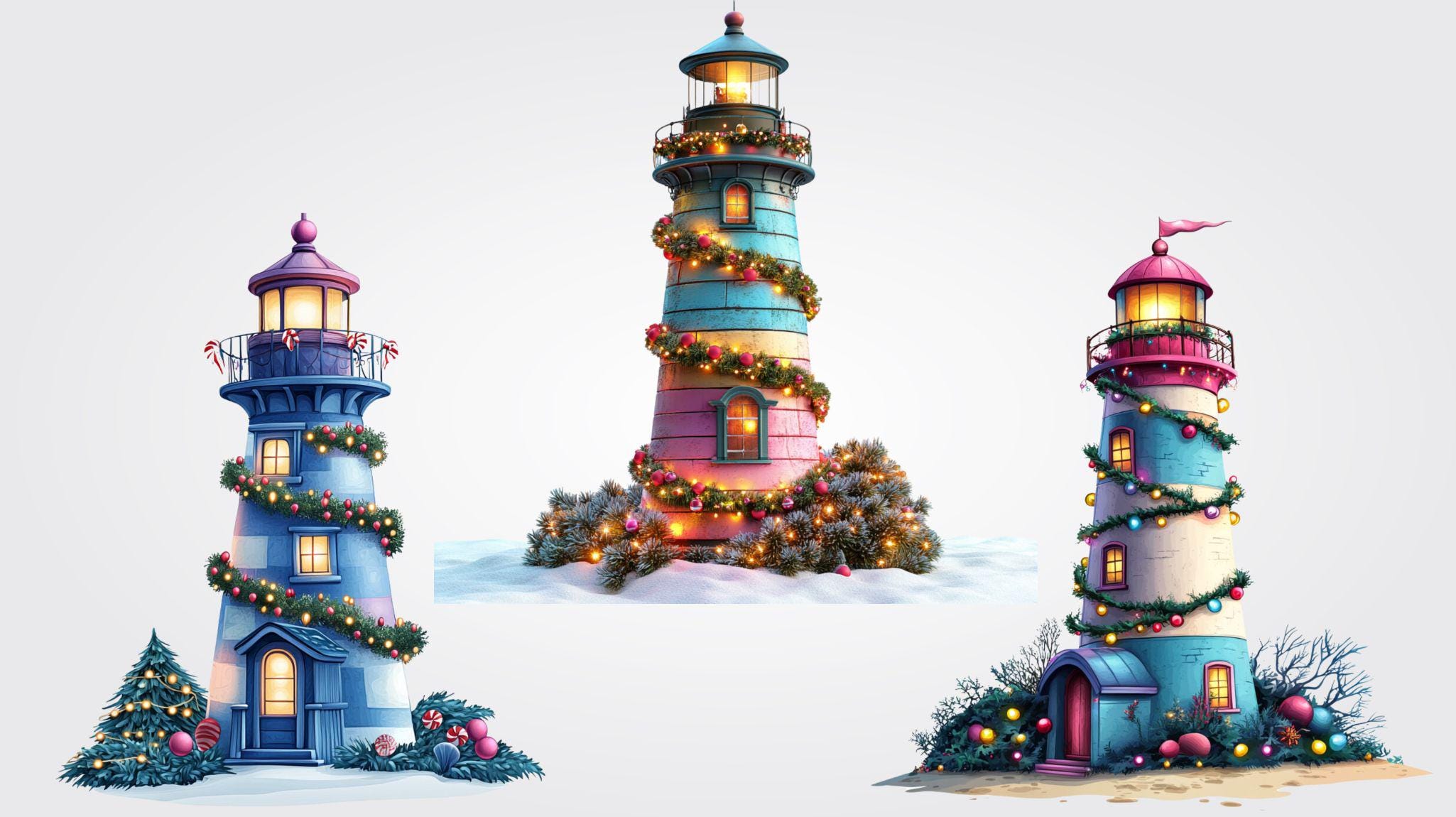 35 Christmas Lighthouse Clipart, Nautical Christmas,png Transparent ...