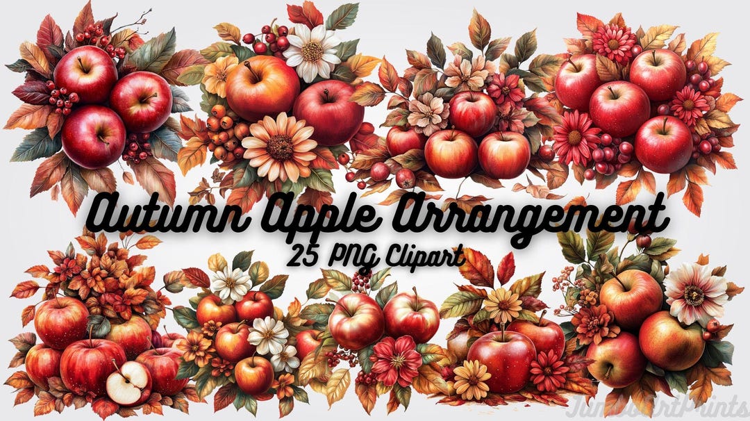 Autumn Apple Clipart: Fall Harvest PNG Graphics (12x12 Digital Download ...