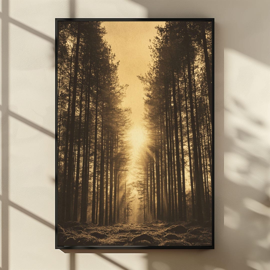 Sepia Forest Serenity, Tranquil Pine Woodland Scene, Warm Sunlit Trees ...