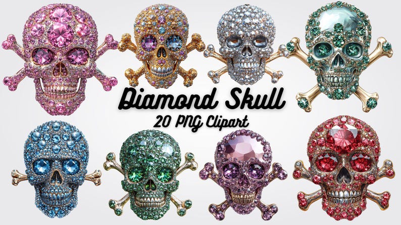 Diamond Skull Clipart: 20 PNG Images for Art & Invitations (12x12 Inch ...