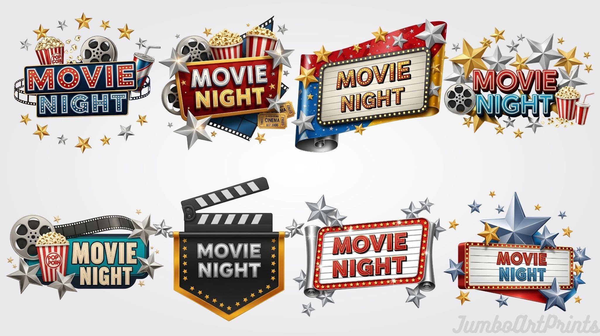 Retro Movie Night Banner Clipart - Vintage Cinema Metallic Star Banners ...