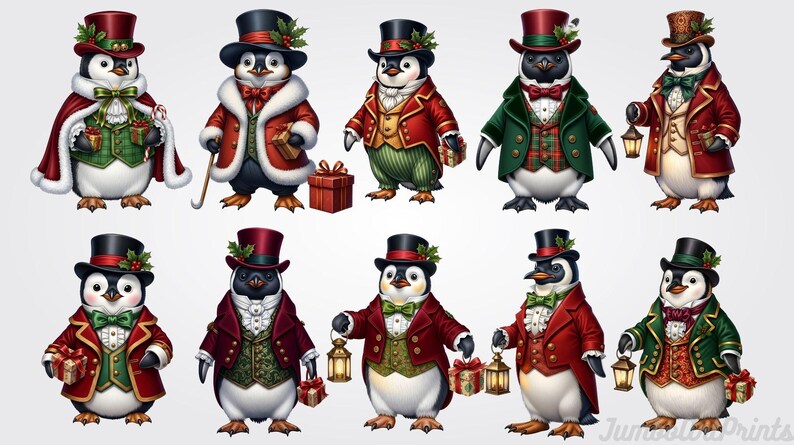 Victorian Christmas Penguin Clipart - 30 High-res Pngs for Cards ...