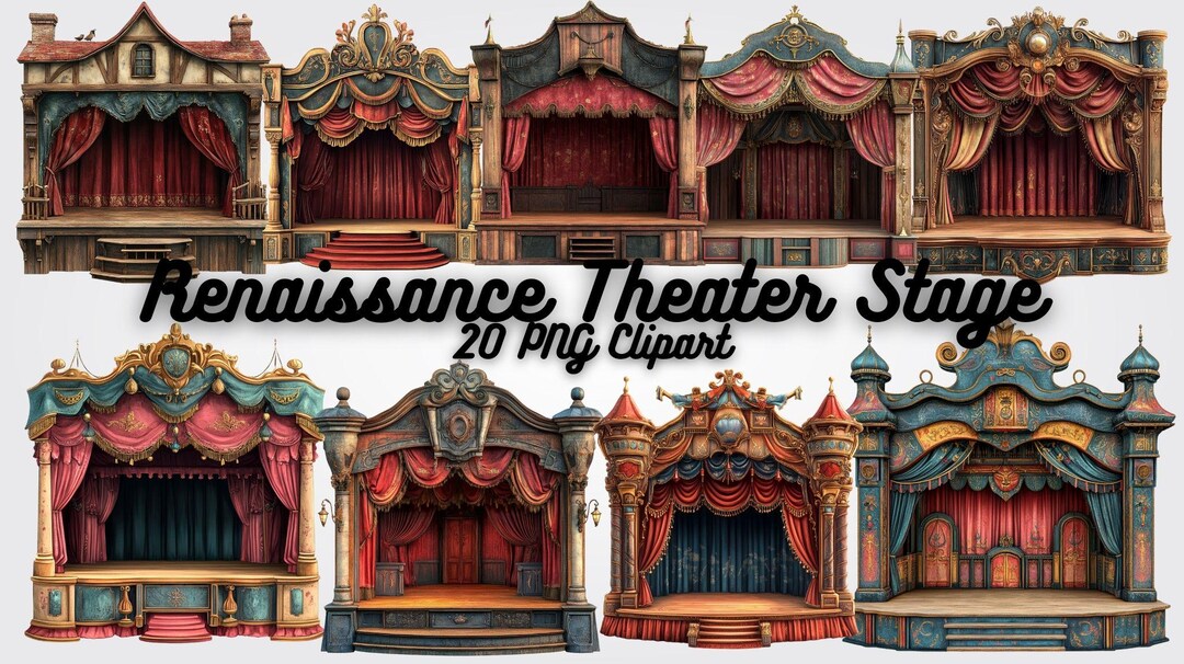 Vintage Renaissance Theater Stage Clipart: 20 PNG Drama Backdrops ...