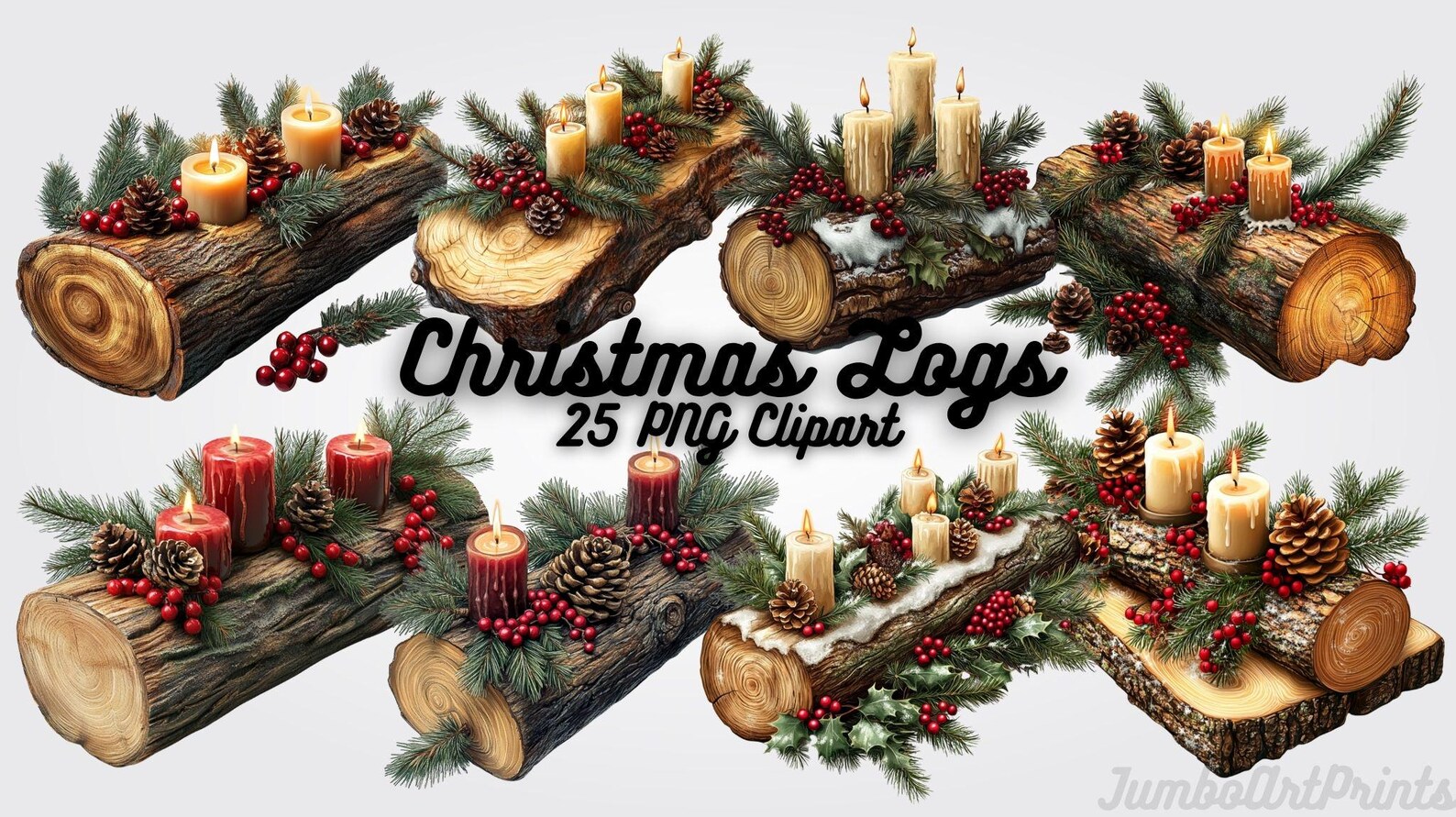 Christmas Logs Clipart - 25 Holiday Log Decor With Pine, Berries ...