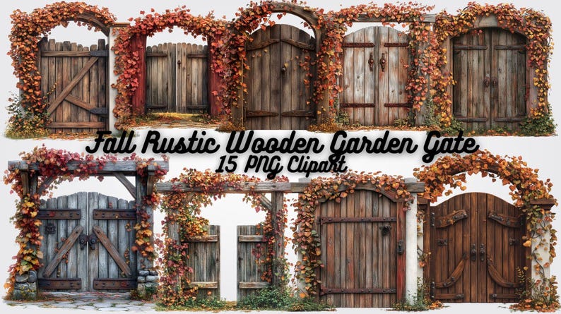 Rustic Fall Garden Gate Clipart: Autumn Farm Fence PNG (digital ...