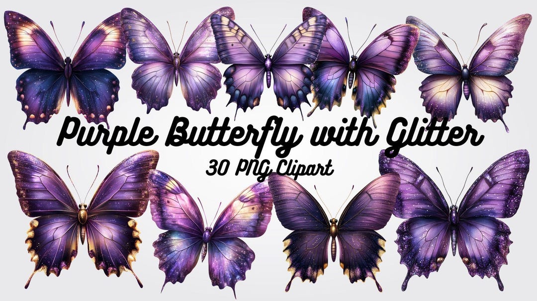 Purple Glitter Butterfly Clipart: 30 PNG Watercolor Illustrations ...