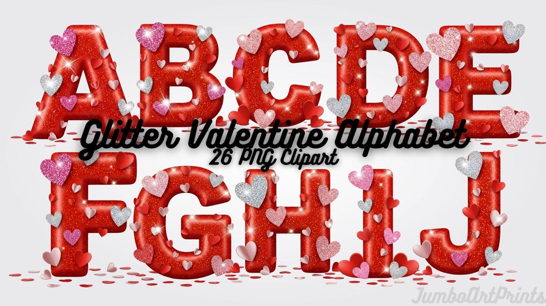 Glitter Valentine Alphabet Clipart - Sparkly Love Letters PNG, Heart ...