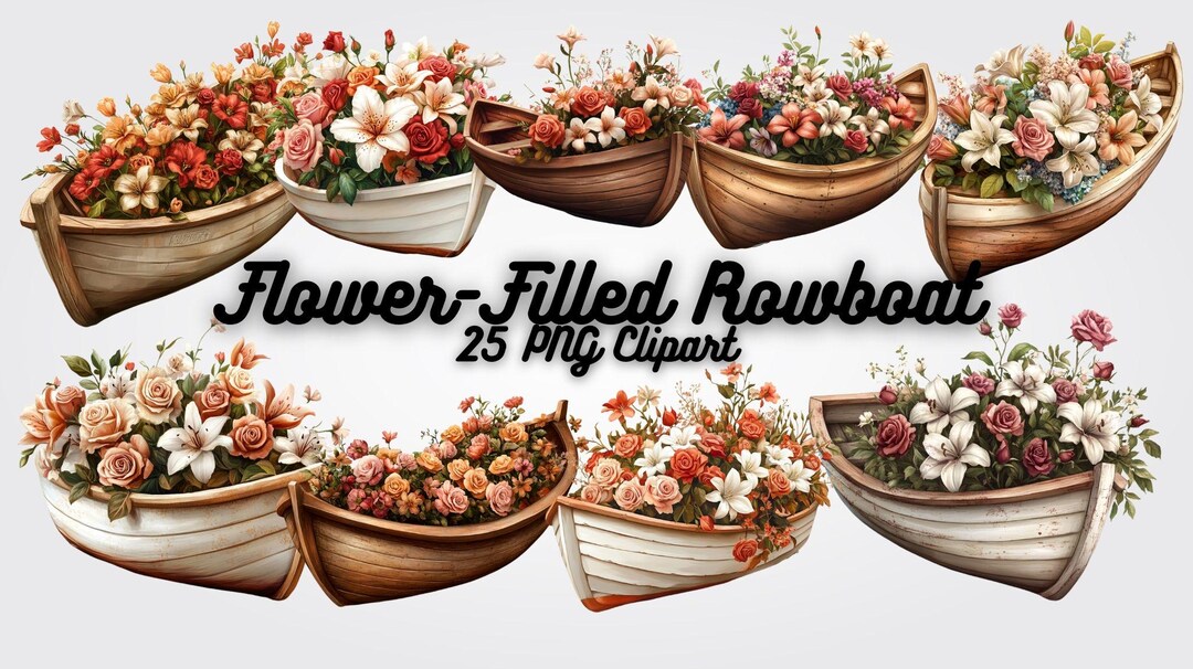 Flower-filled Rowboat Clipart, Boat Clipart, Flowers Clipart, 25 High ...
