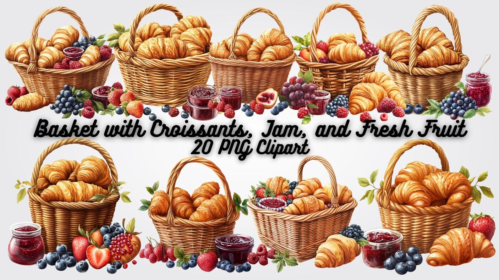 Breakfast Basket Clipart, Croissant, Jam & Fruit PNG, Brunch Watercolor Digital Download ...
