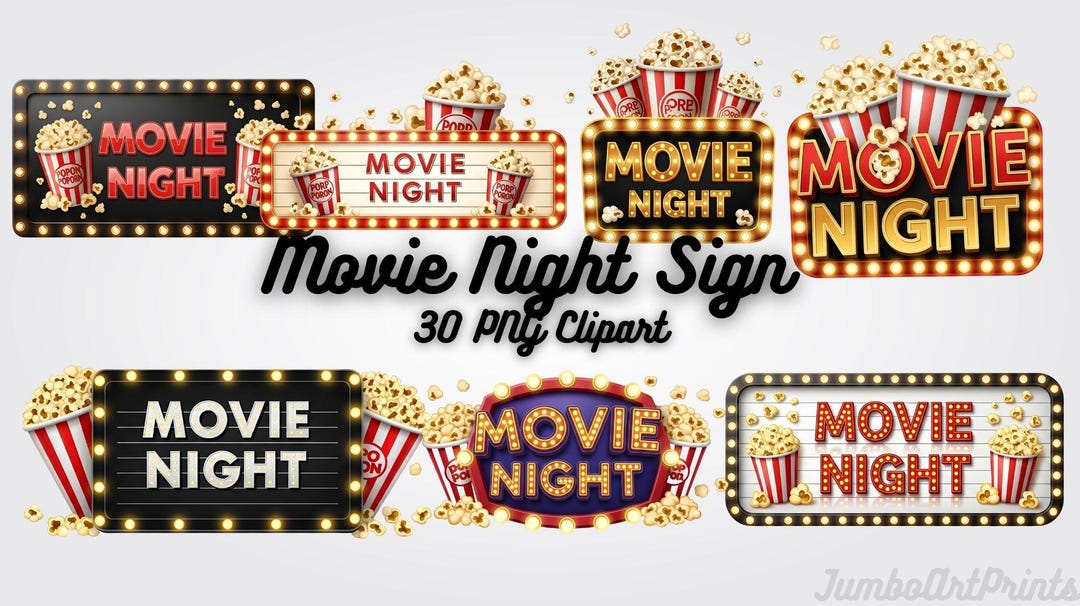 Movie Night Sign Clipart - Popcorn Cinema Pngs, Light Bulb Marquee Film ...