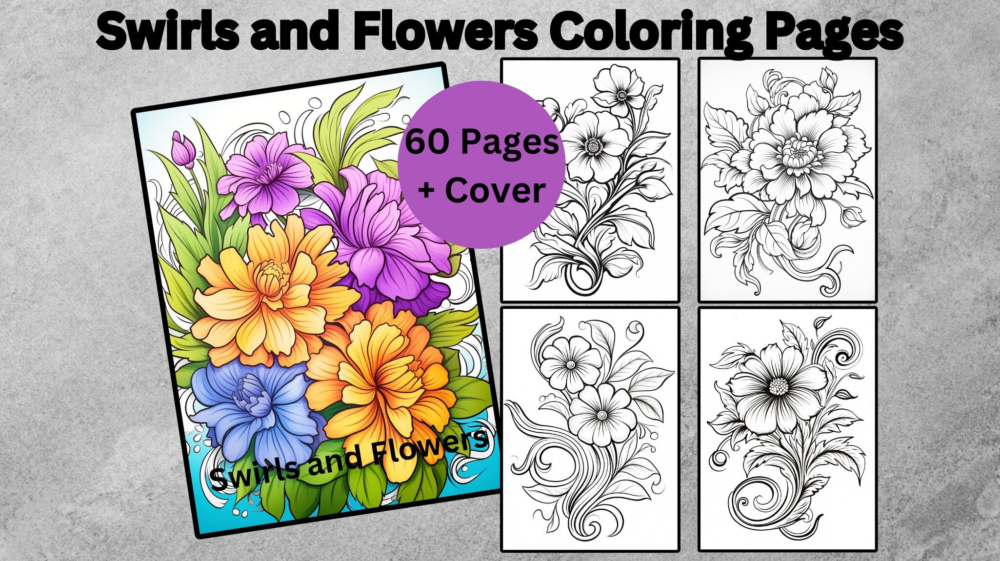 60 Swirls and Flowers Coloring Pages: Grayscale Illustrations ...