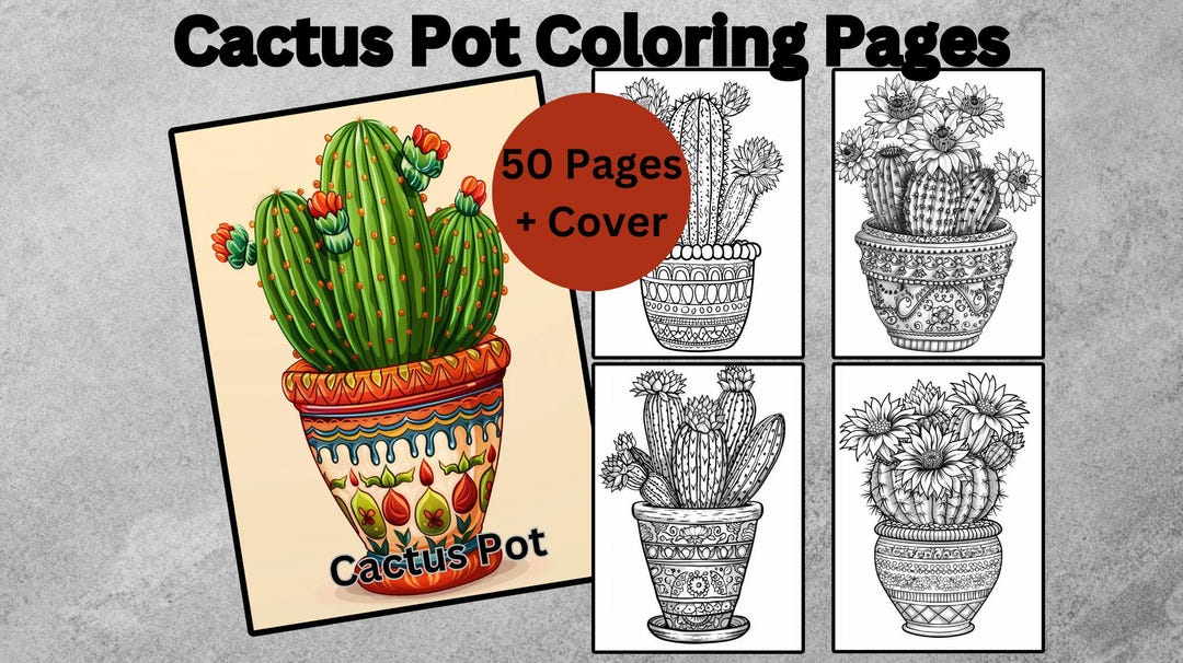 50 Cactus Pot Coloring Pages, Fantasy Grayscale Botanical Coloring ...