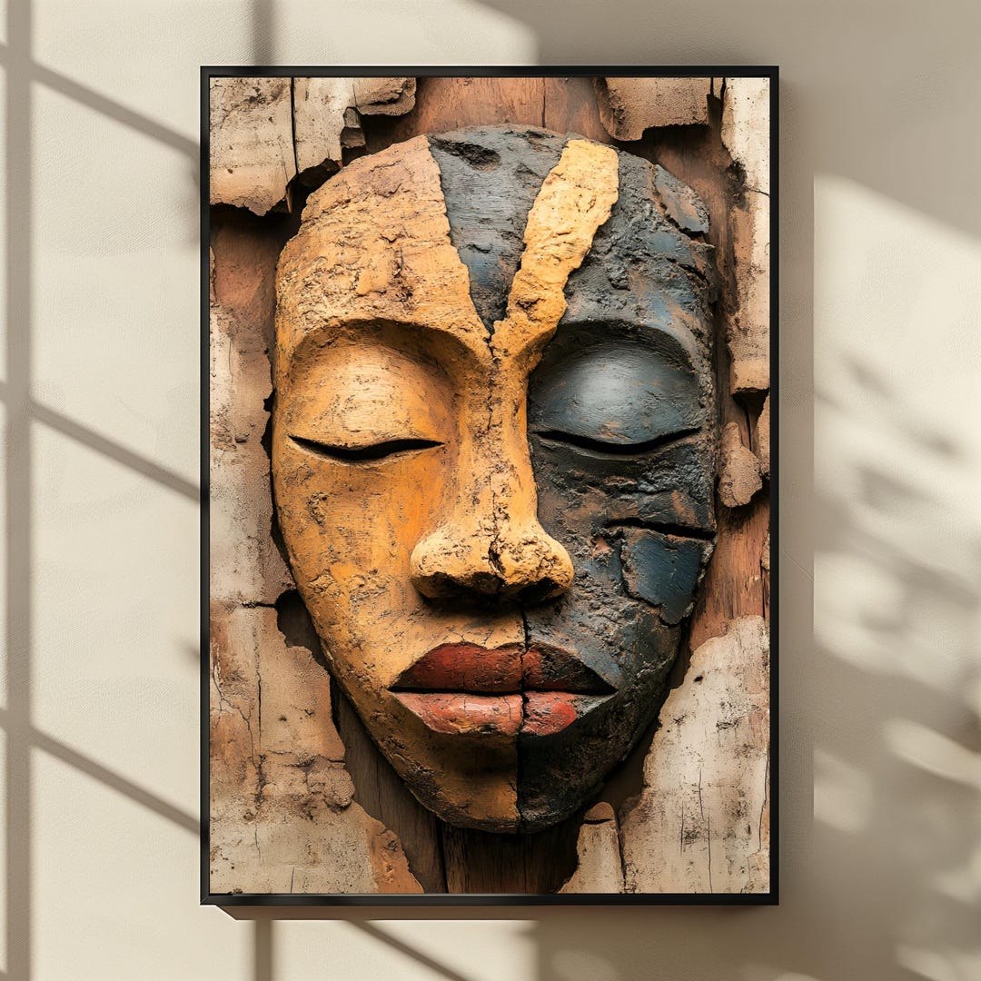 Modern Tribal Mask Wall Art, Abstract African Mask Design With Organic ...