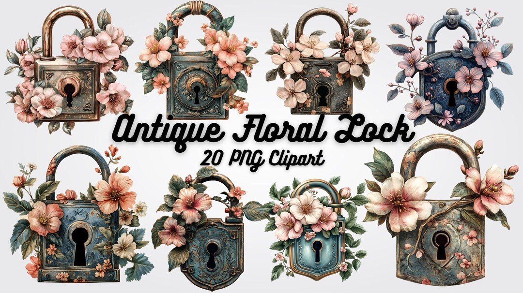 Antique Floral Lock Clipart: Vintage Flower PNG Graphics (digital ...