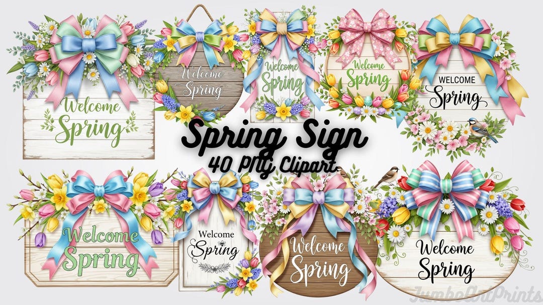 Spring Sign Clipart – Pastel Bow & Floral Pngs (40 Files) (digital ...