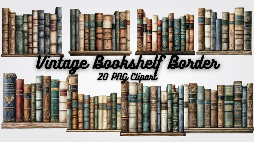 Vintage Bookshelf Border Clipart, Antique Library Decor PNG, Book Lover ...