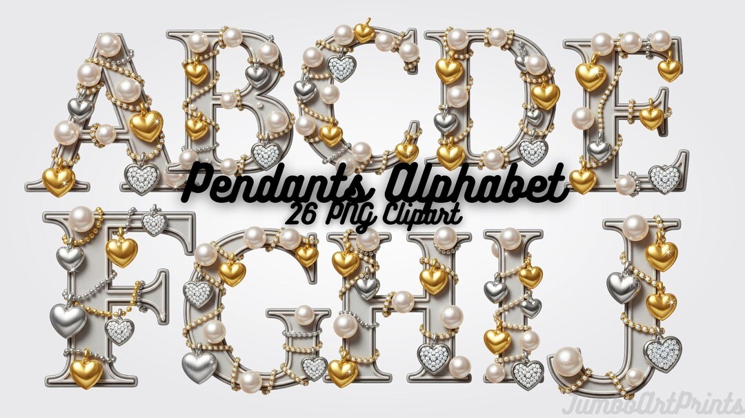 Pendants Alphabet Clipart - Pearl Chain Letters PNG, Heart Pendant ABC ...