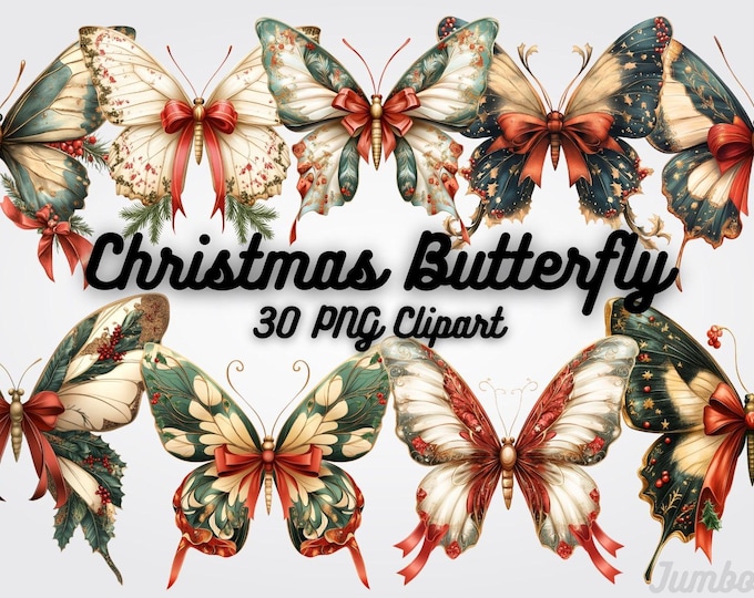 Christmas Butterfly Clipart: Festive Holiday Butterflies (digital ...