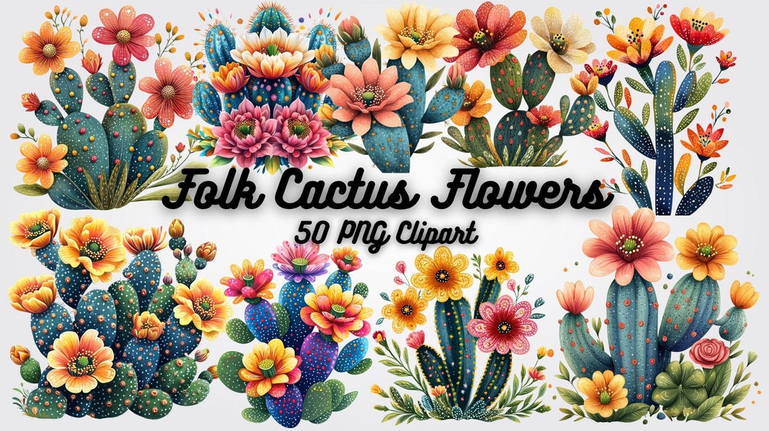 Folk Art Cactus Flower Clipart: Mexican Fiesta PNG Graphics (digital ...