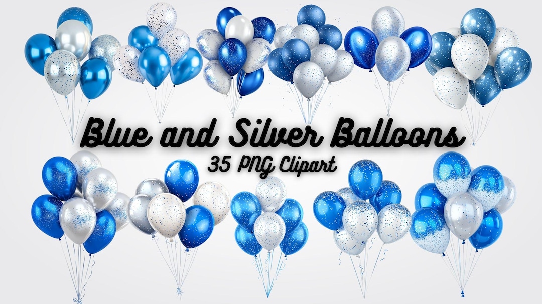 Blue and Silver Balloons Clipart: Elegant Party PNG Graphics (digital ...