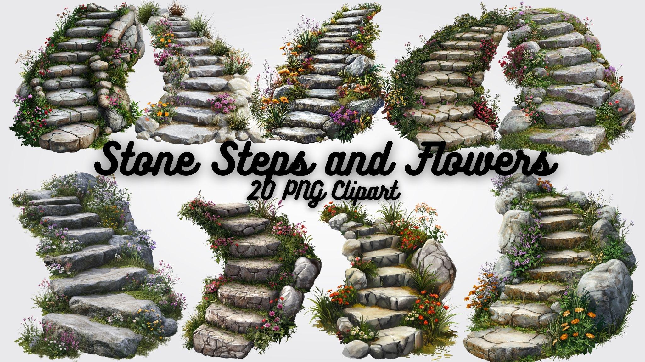 Stone Steps & Flowers Clipart: Garden Pathway PNG Graphics (digital ...