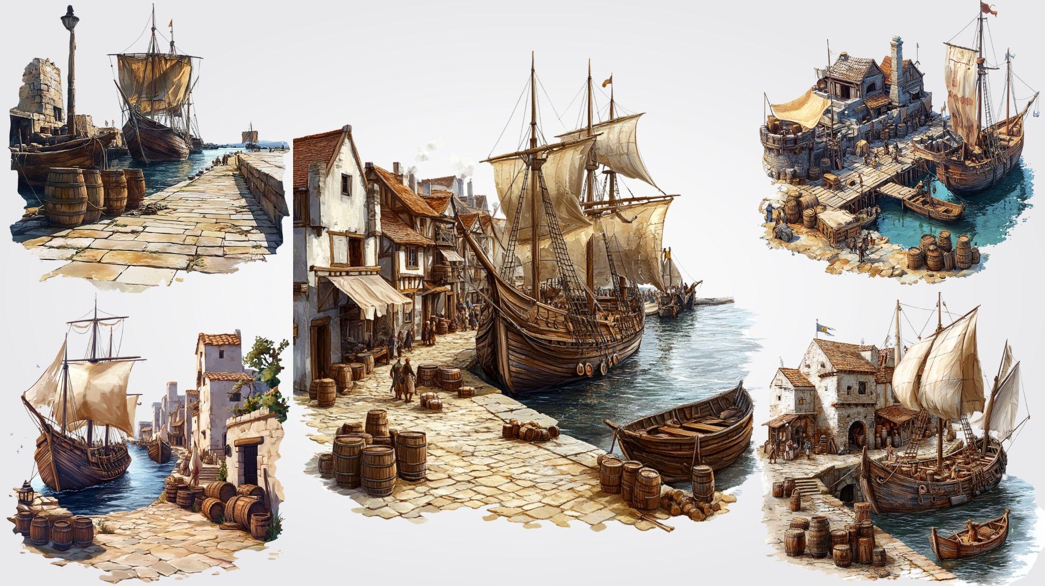 Medieval Harbor Clipart: Historic Ships & Docks (20 Pngs) - Etsy