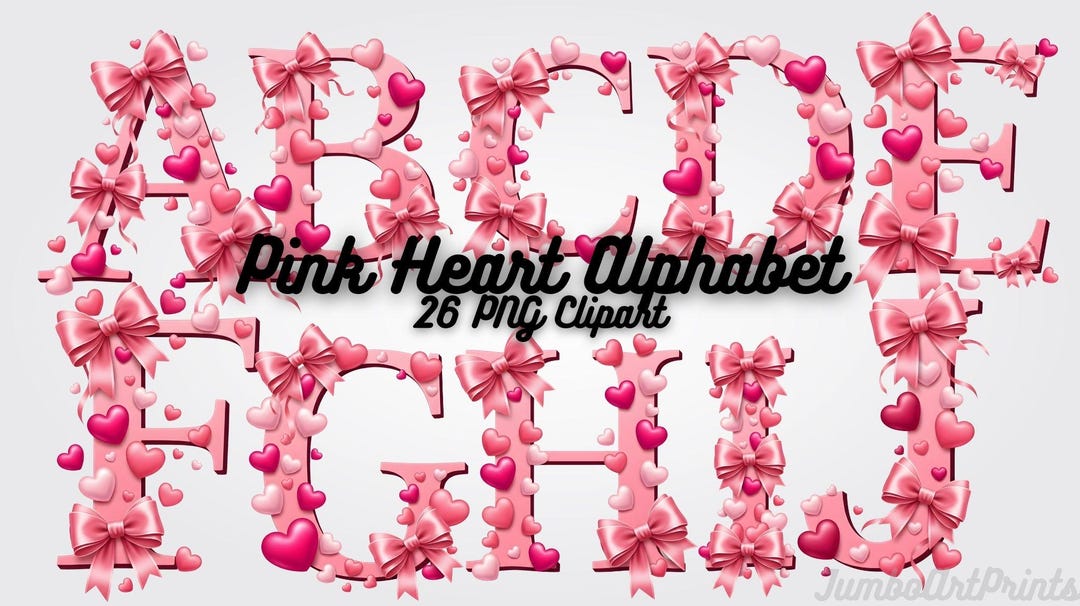 Pink Heart Alphabet Clipart - Cute Bow Letters PNG, Valentine Love ABC ...