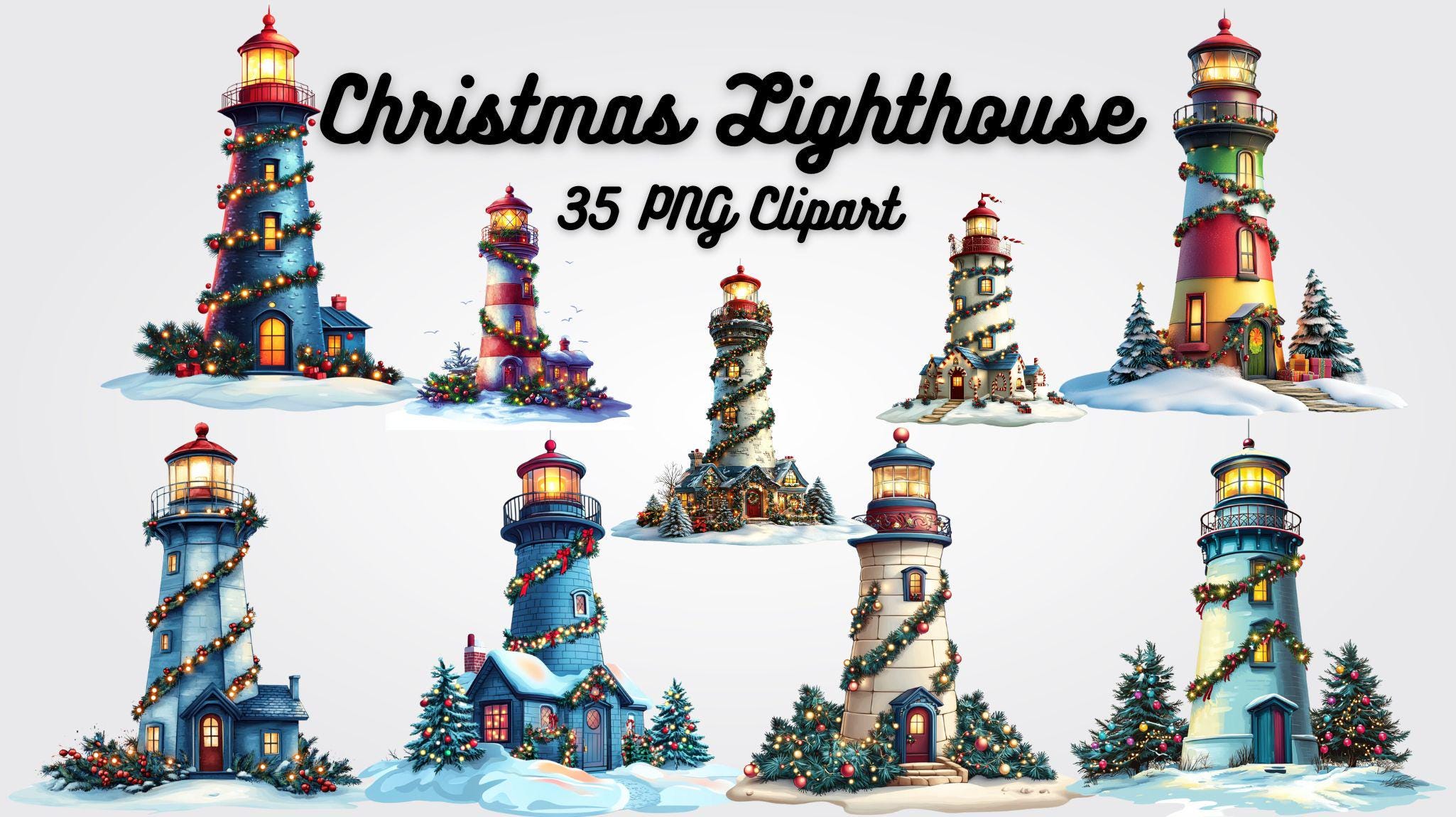 35 Christmas Lighthouse Clipart, Nautical Christmas,png Transparent ...