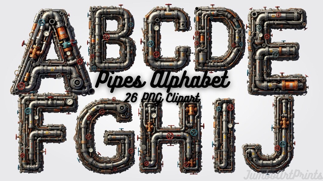 Steampunk Pipes Alphabet Clipart – Industrial Metal Font (PNG Digital ...