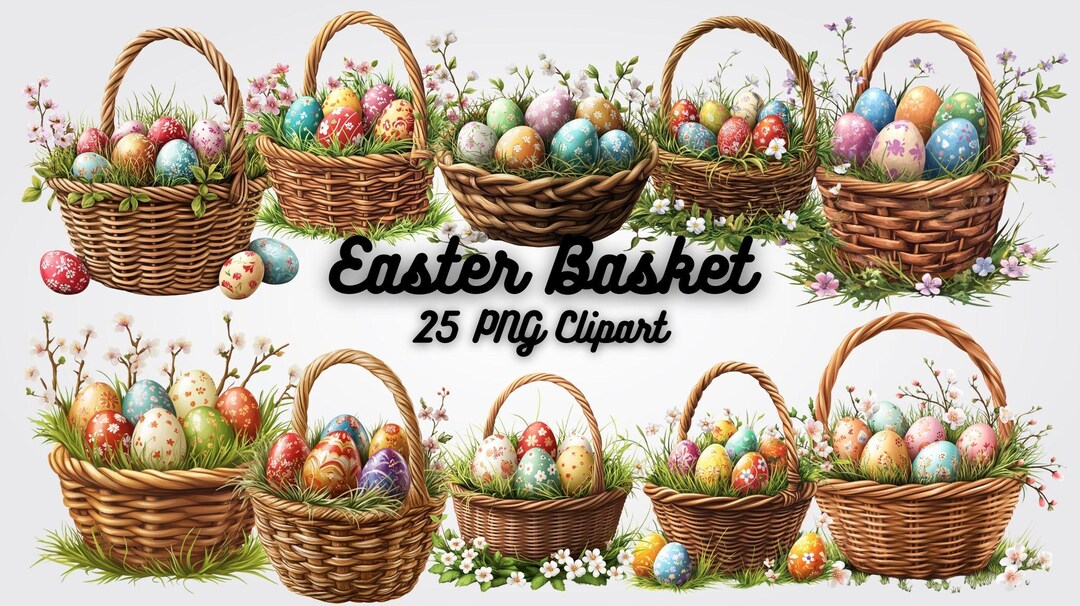 Easter Basket Clipart: Colorful Eggs, Spring Designs (PNG) - Etsy