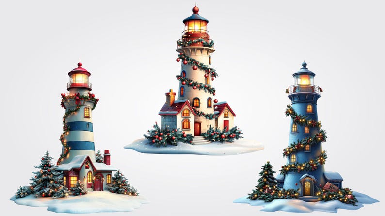 35 Christmas Lighthouse Clipart, Nautical Christmas,png Transparent ...