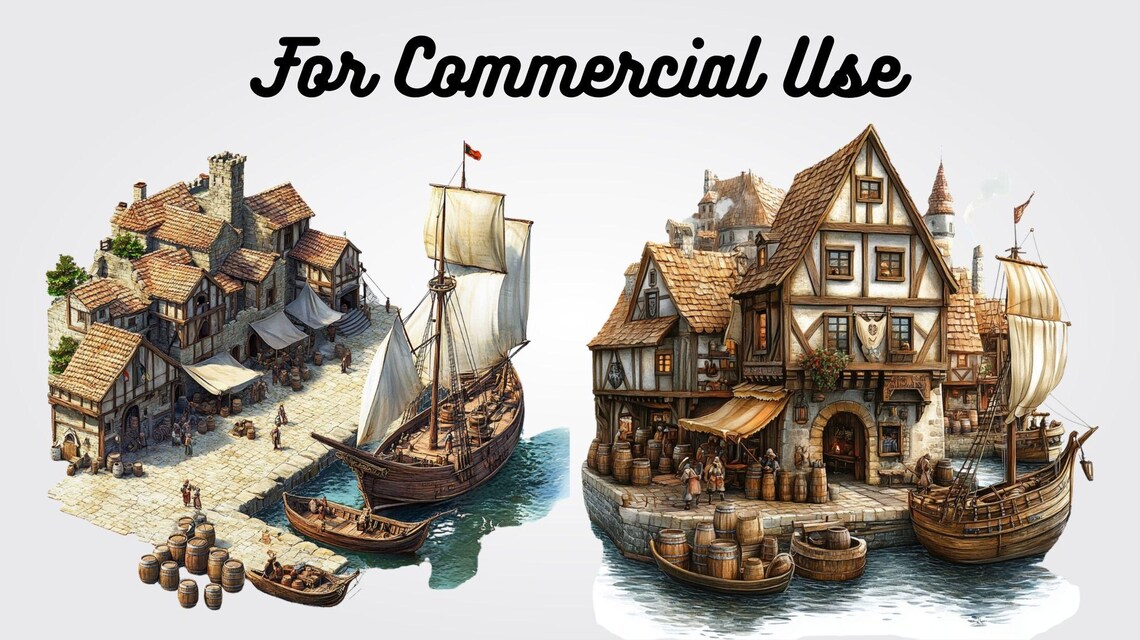 Medieval Harbor Clipart: Historic Ships & Docks (20 Pngs) - Etsy