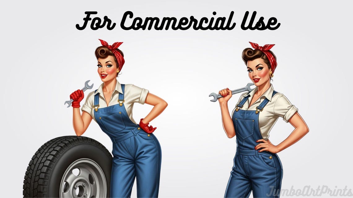 Vintage Pin-up Girl Mechanic Clipart, 1950s Rosie Style PNG (digital ...