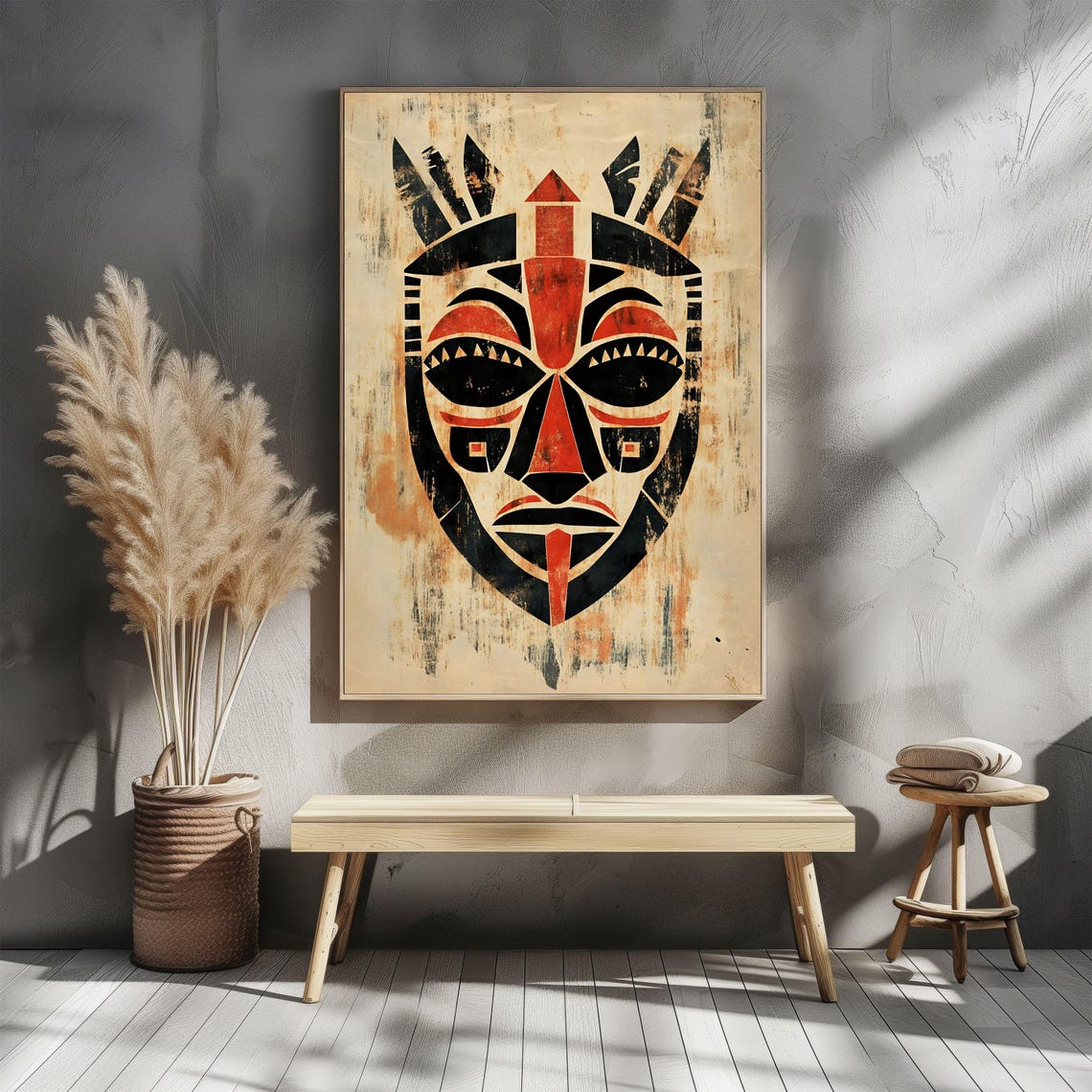 Tribal Mask Wall Art, Bold Linear Ethnic Design in Earthy Reds & Blacks ...