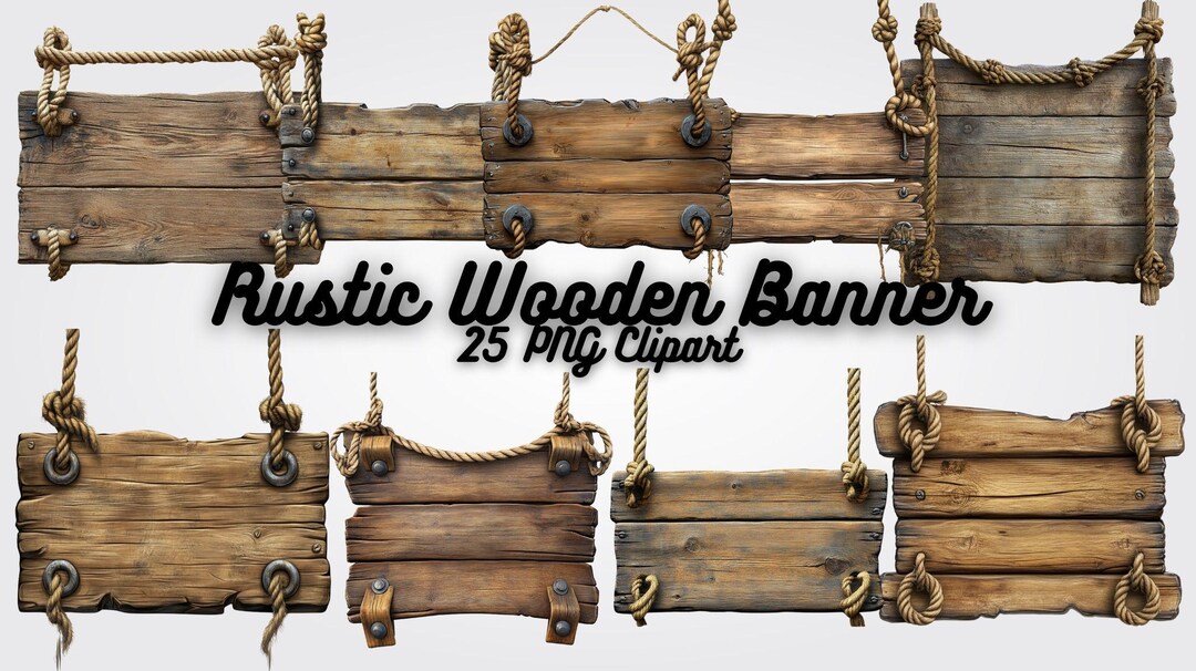 Rustic Wooden Banner Clipart: Vintage Sign PNG Set (digital Download ...