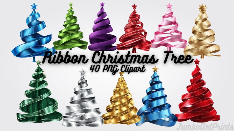 Ribbon Christmas Tree Clipart: 40 PNG Holiday Designs (digital Download ...
