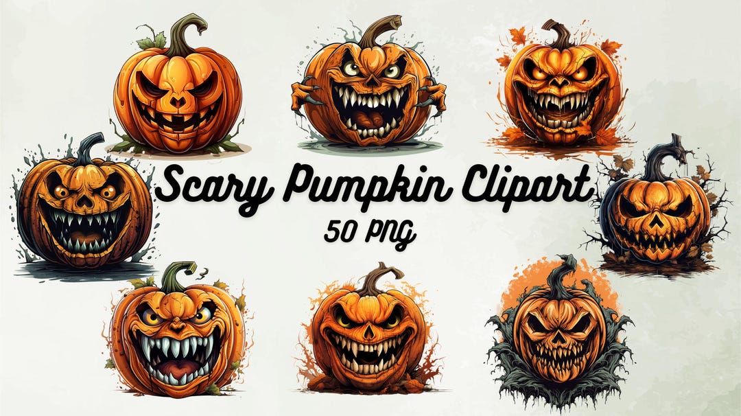 50 Scary Pumpkin Watercolor Clipart: Halloween PNG Images (digital ...