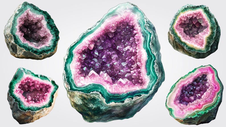 Emerald & Pink Geode Clipart: 25 PNG Crystal Slice Images (digital ...