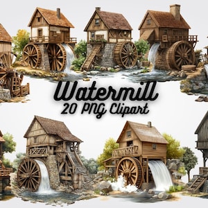 Watermill Clipart PNG: 20 Rustic Mill Illustrations (digital Designs ...