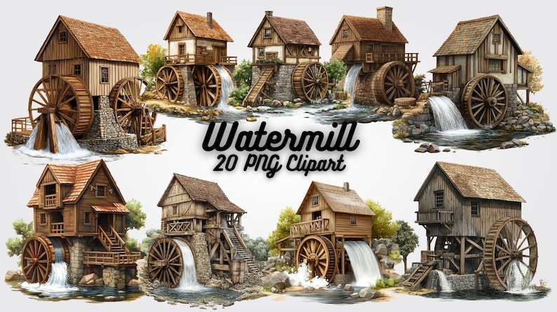 Watermill Clipart PNG: 20 Rustic Mill Illustrations (digital Designs ...