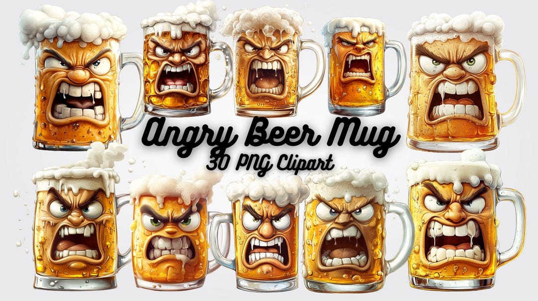 Angry Beer Mug Clipart: Funny Oktoberfest PNG Graphics (digital ...