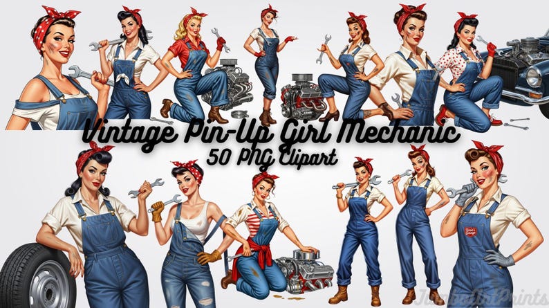 Vintage Pin-up Girl Mechanic Clipart, 1950s Rosie Style PNG (digital ...
