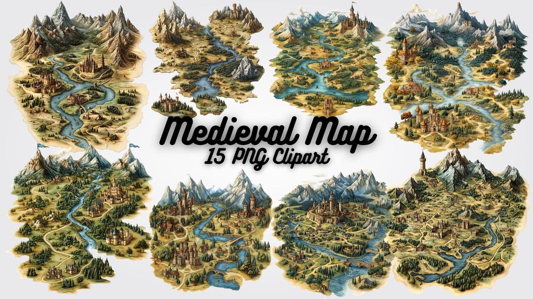 Vintage Medieval Map Clipart: Fantasy World Pngs (15 Files, Instant ...