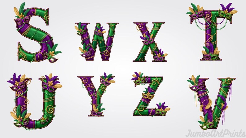 Mardi Gras Alphabet Clipart - Carnival Letters PNG, Purple Green Gold ...