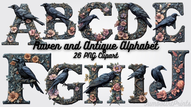 Gothic Raven Alphabet Clipart: Vintage Halloween Letters (digital ...