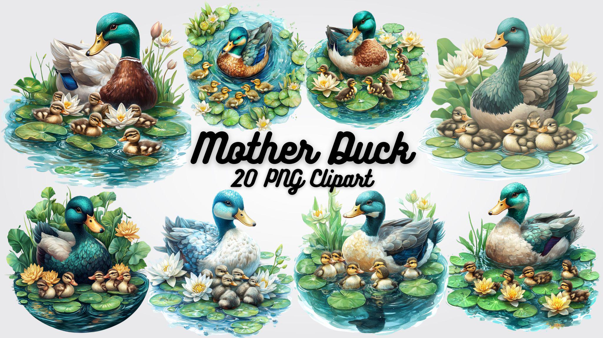Mother Duck Clipart: Ducklings on Water, Nursery Art (PNG Digital ...