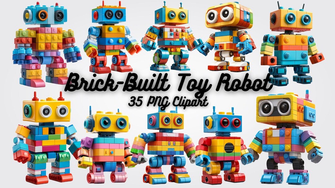 Brick-built Toy Robot Clipart: Retro PNG Illustrations (digital ...