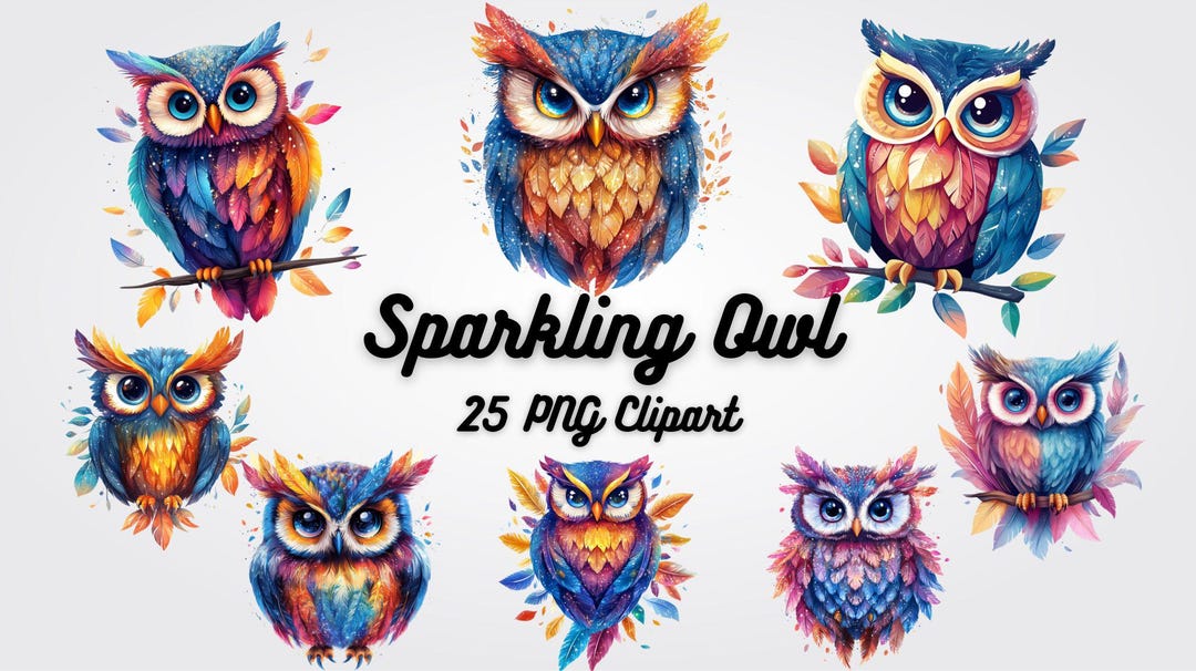 25 Sparkling Owl Clipart, Magical Glitter Graphics (digital Download ...