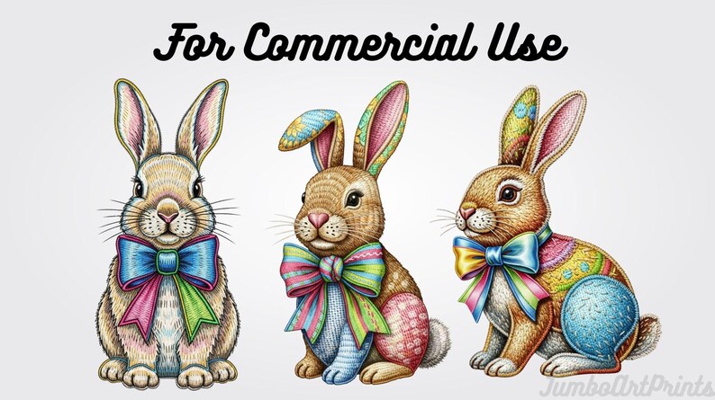 Embroidered Easter Rabbit Clipart PNG Bundle, Stitch Bunny With Bow Tie ...