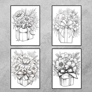 50 Flowers Giftbox Coloring Pages for Adults and for Kids Grayscale ...